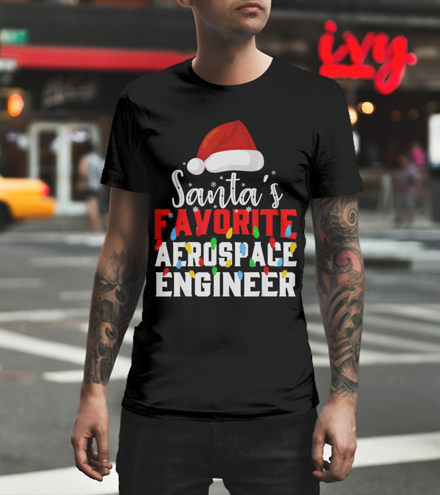 Santa's Favorite Aerospace Engineer Chris With Christmas Lights And Santa Hat T-Shirt