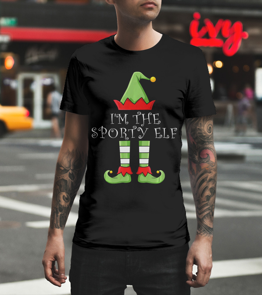 I'm The Sporty Elf Christmas Hat And Striped Shoes T-Shirt