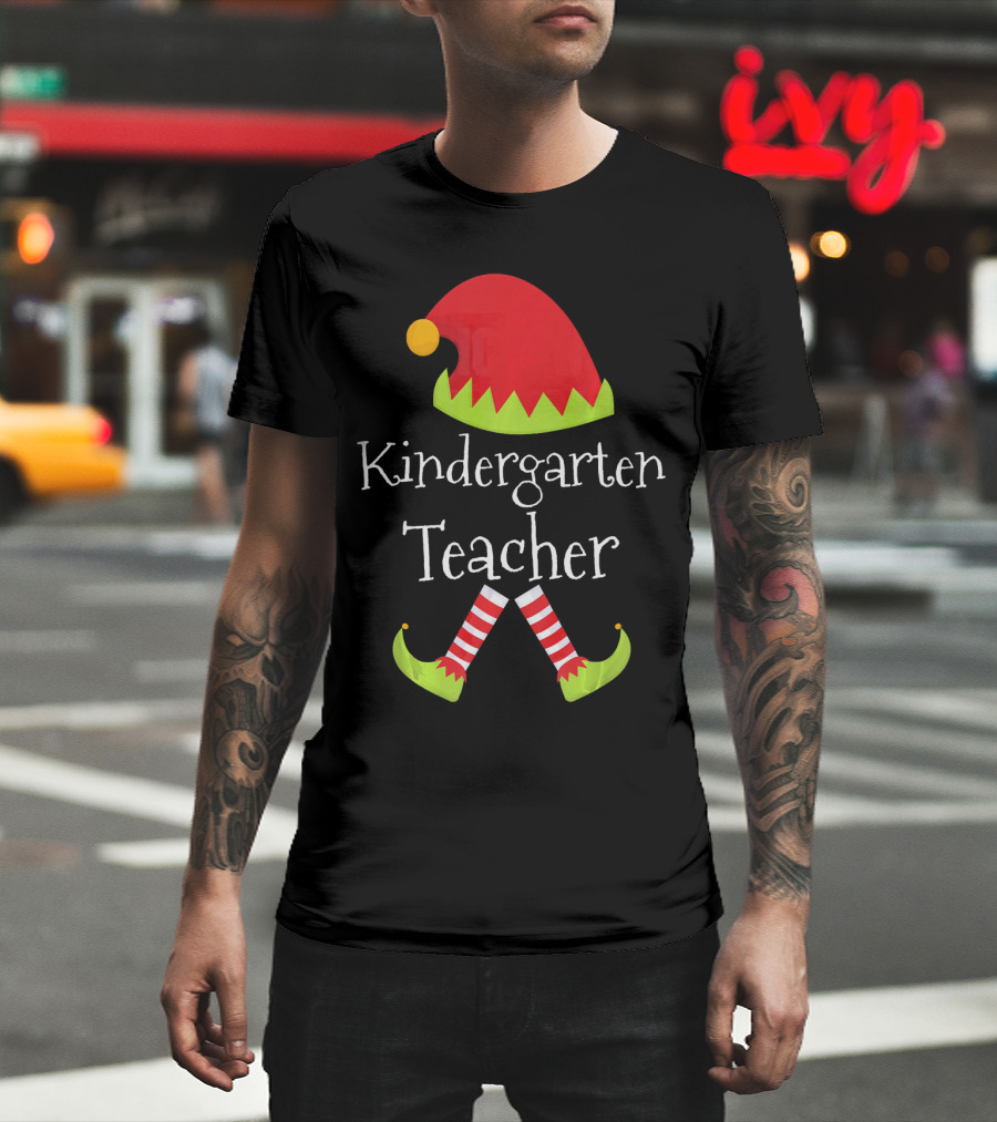 Kindergarten Teacher Christmas Elf Hat And Shoes Matching T-Shirt