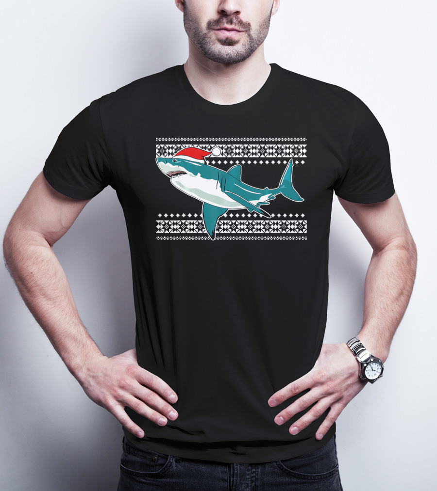 Christmas Shark With Santa Hat Ugly T-Shirt