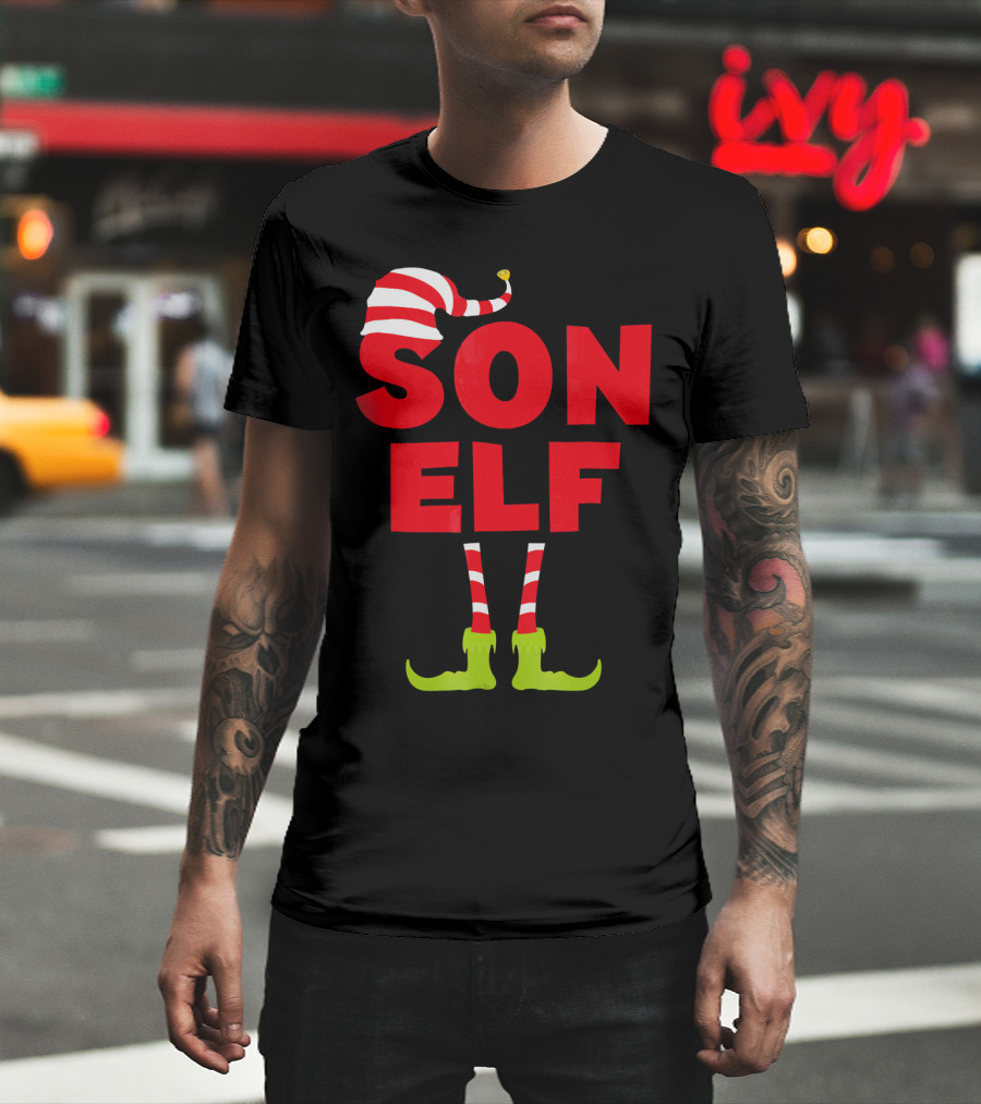 Son Elf Matching Christmas Costume Striped Hat And Socks T-Shirt