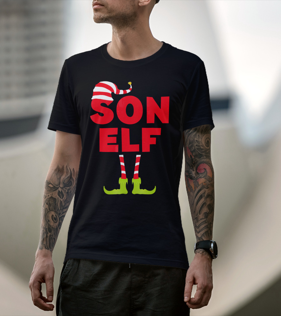 Son Elf Matching Christmas Costume Striped Hat And Socks T-Shirt