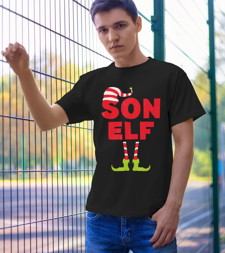 Son Elf Matching Christmas Costume Striped Hat And Socks T-Shirt