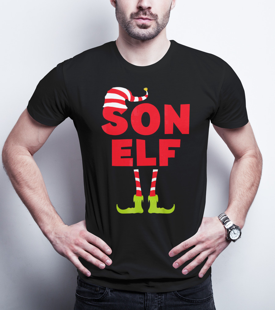 Son Elf Matching Christmas Costume Striped Hat And Socks T-Shirt