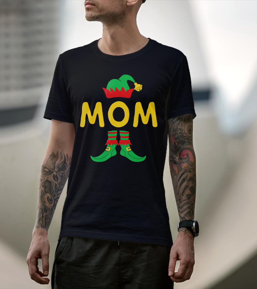 Mom Elf Funny Christmas Family Mat Festive Green And Red T-Shirt