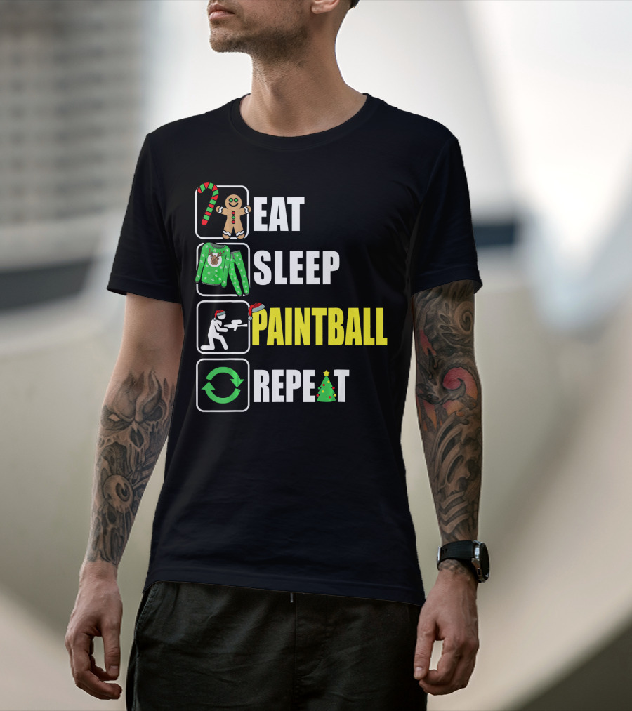 Eat Sleep Paintball Repeat Christmas Candy Cane Gingerbread Ugly Sweater Santa Hat Tree T-Shirt