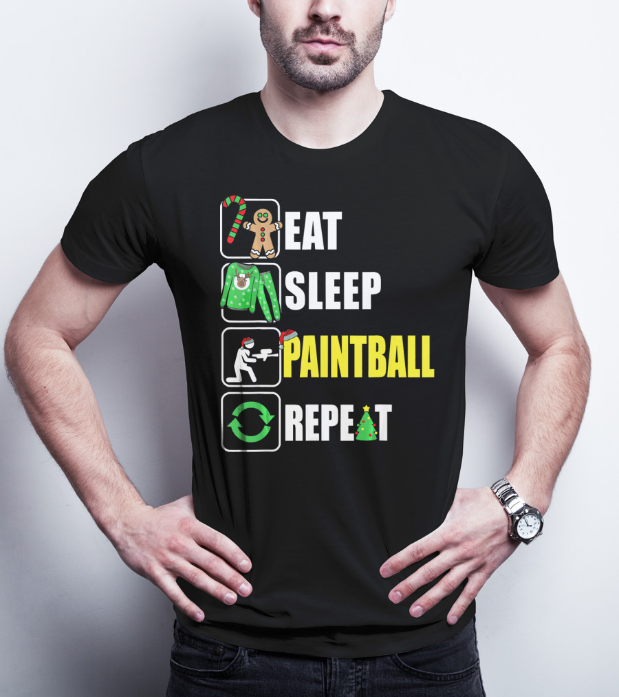 Eat Sleep Paintball Repeat Christmas Candy Cane Gingerbread Ugly Sweater Santa Hat Tree T-Shirt