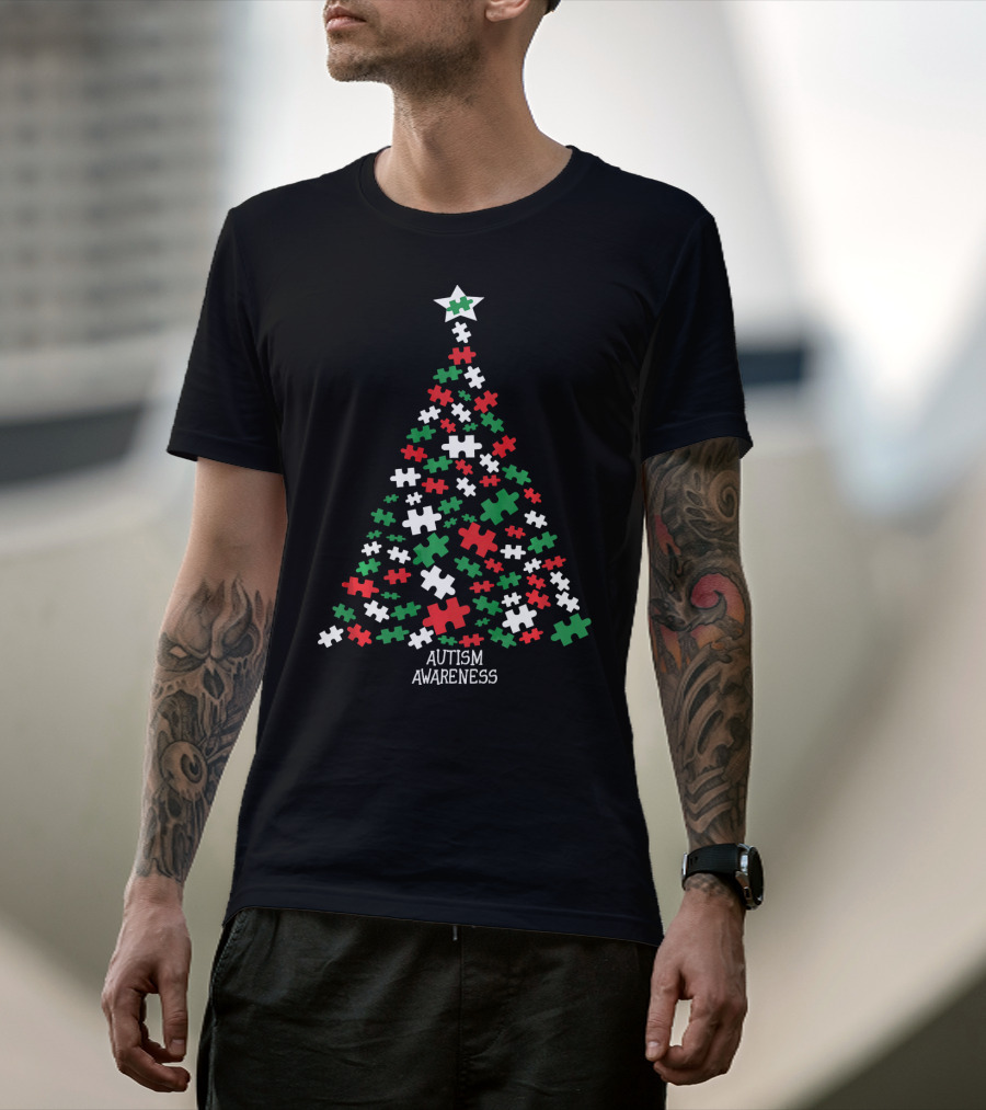 Christmas Autism Awareness Puzzle Piece Tree T-Shirt