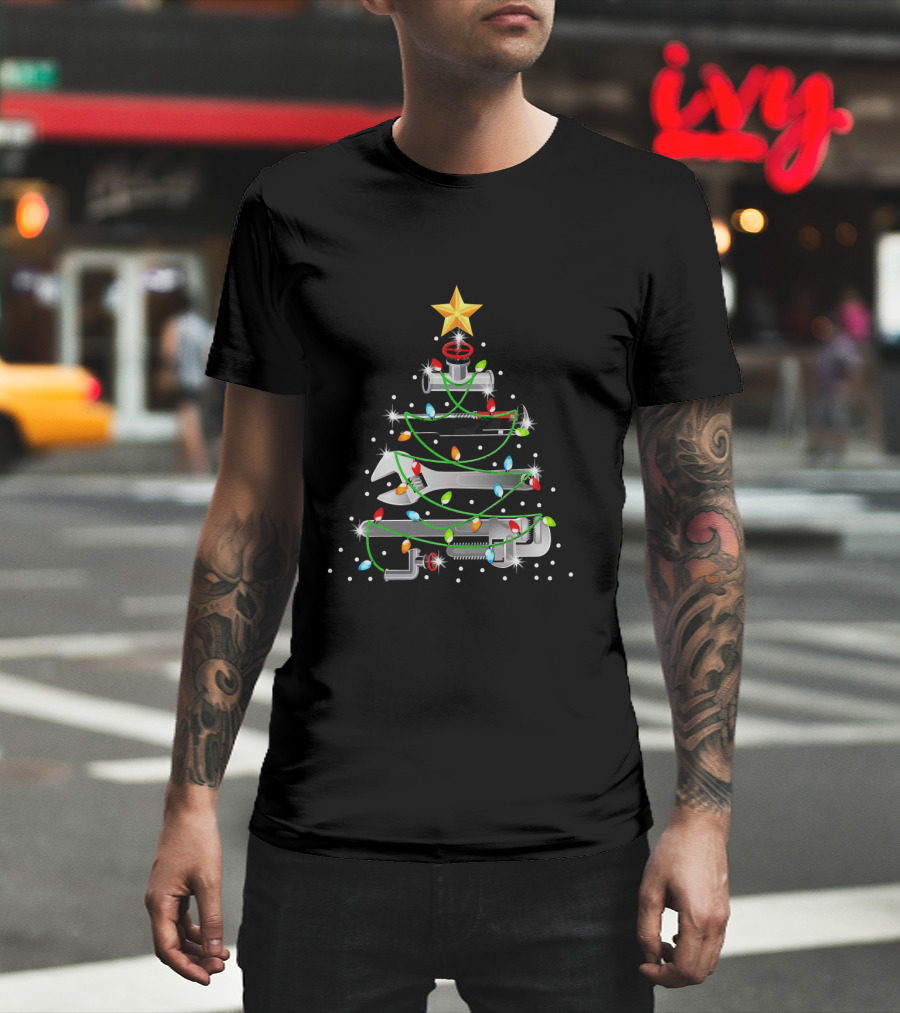 Plumber Christmas Tree Wrench Ornament With Lights And Star T-Shirt