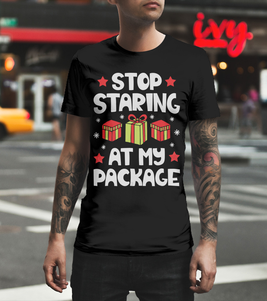Stop Staring At My Package Christmas Gift Box Design With Stars And Snowflakes T-Shirt
