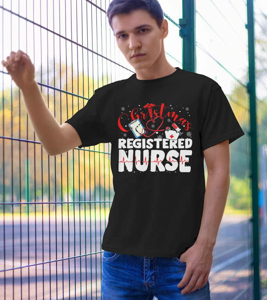 Christmas Registered Nurse With Medical Icons And Heartbeat T-Shirt