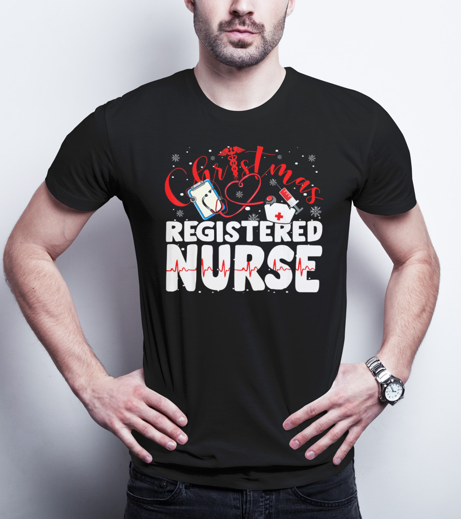 Christmas Registered Nurse With Medical Icons And Heartbeat T-Shirt