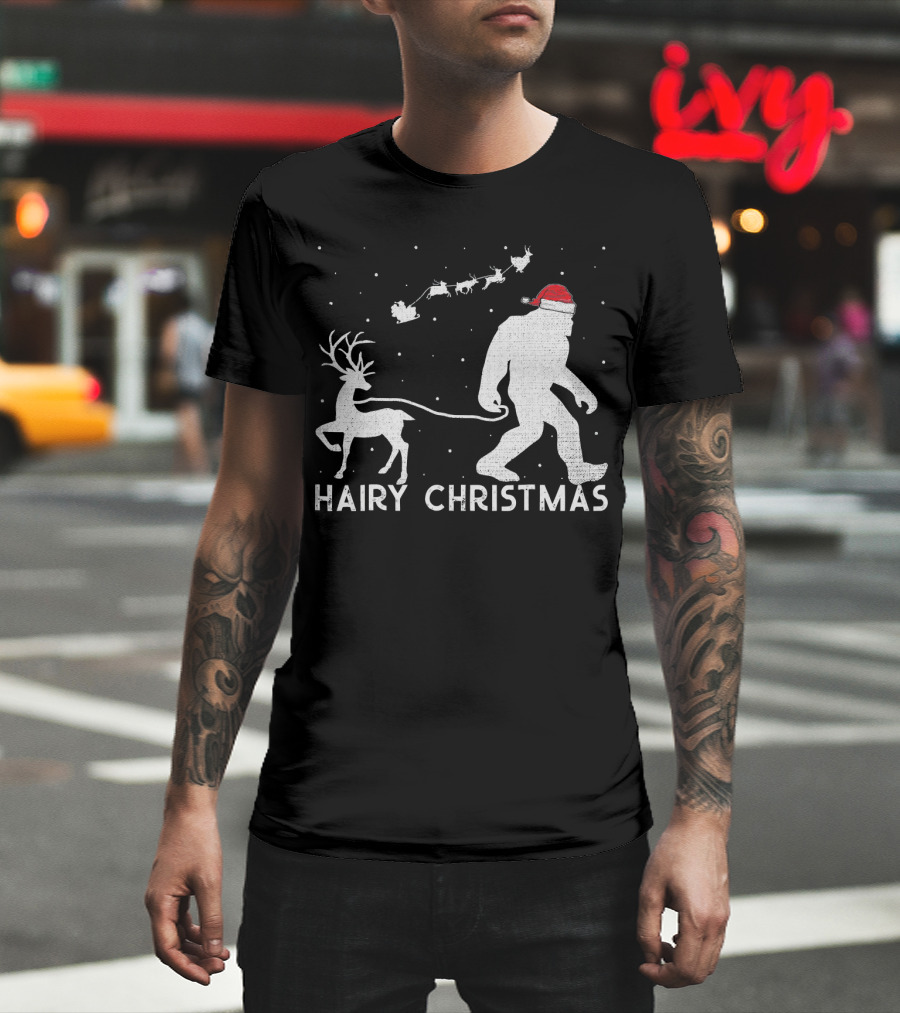 Hairy Christmas Bigfoot Santa Reindeer Snow Scene T-Shirt