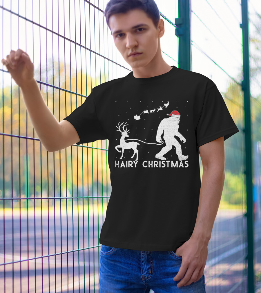 Hairy Christmas Bigfoot Santa Reindeer Snow Scene T-Shirt