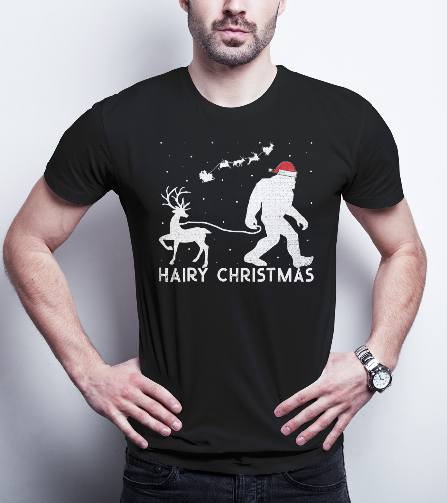 Hairy Christmas Bigfoot Santa Reindeer Snow Scene T-Shirt