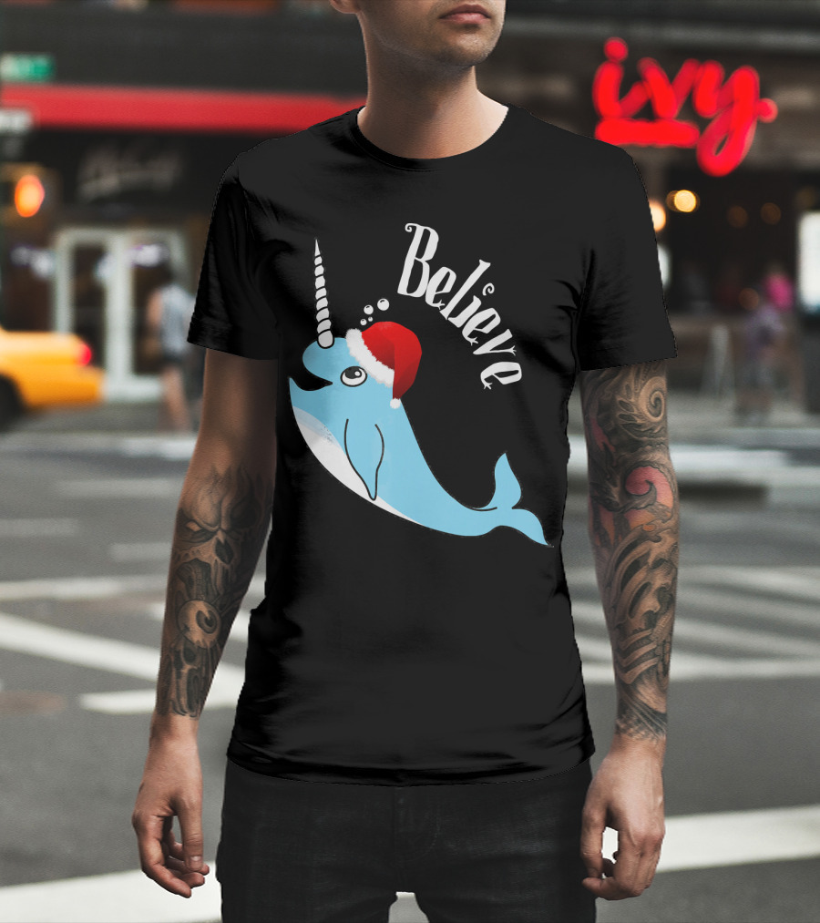 Believe Narwhal Christmas Cute Unicorn Santa Hat T-Shirt