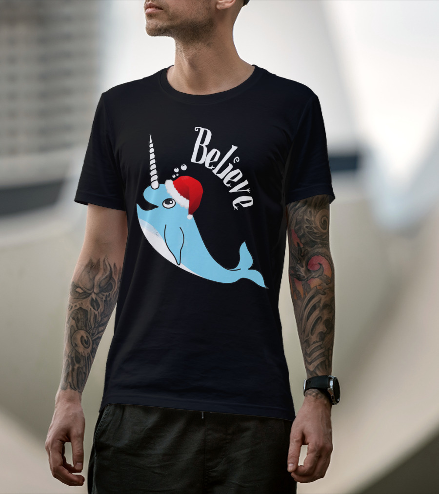 Believe Narwhal Christmas Cute Unicorn Santa Hat T-Shirt