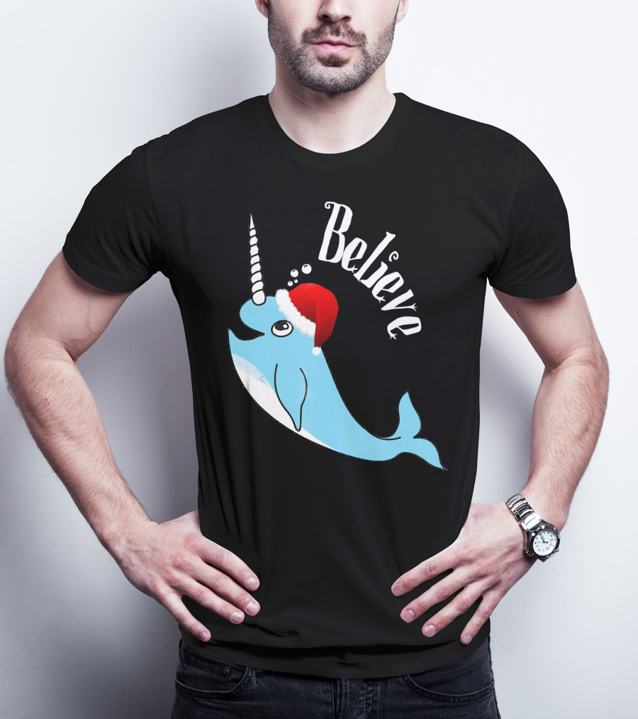 Believe Narwhal Christmas Cute Unicorn Santa Hat T-Shirt