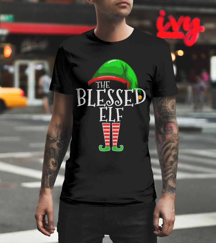 The Blessed Elf Hat And Striped Legs Christmas T-Shirt