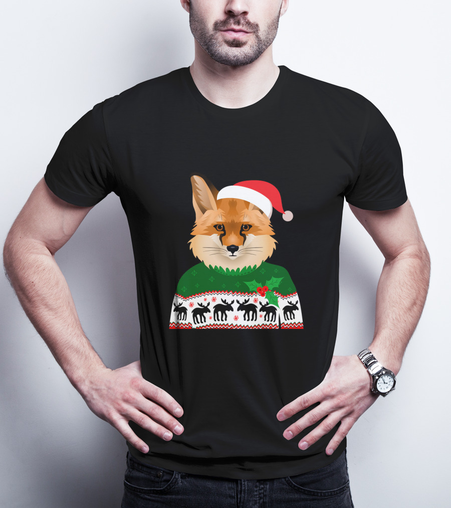 Long Sleeve Fox Ugly Christmas Sweater Santa Hat T-Shirt