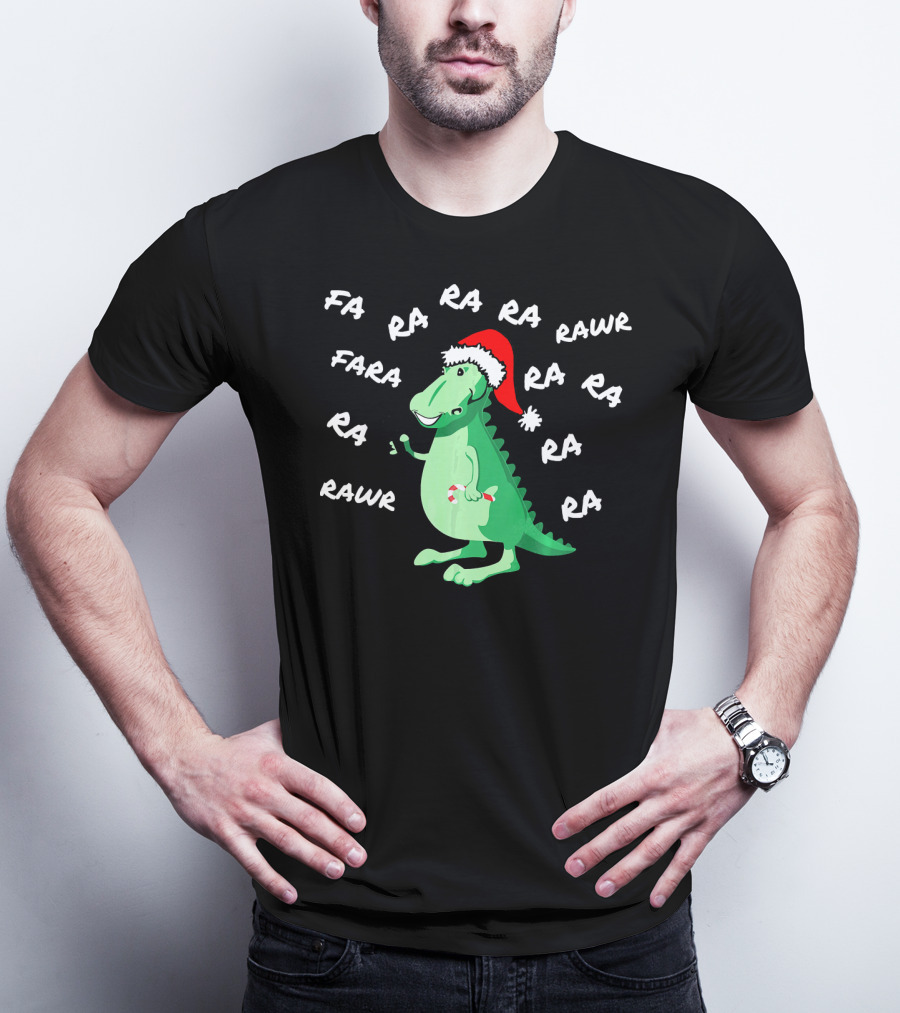 T Rex Dinosaur Singing Fa Ra Rawr Christmas Santa Hat T-Shirt