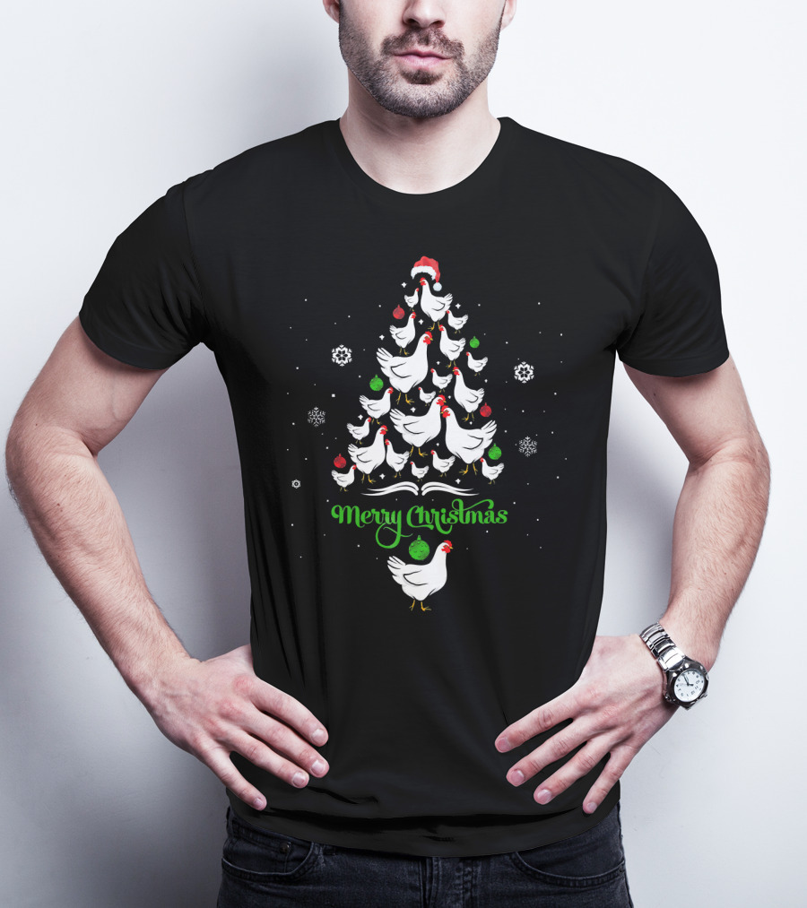 Merry Chickmas Chicken Lover Christmas Tree With Santa Hat And Ornaments T-Shirt