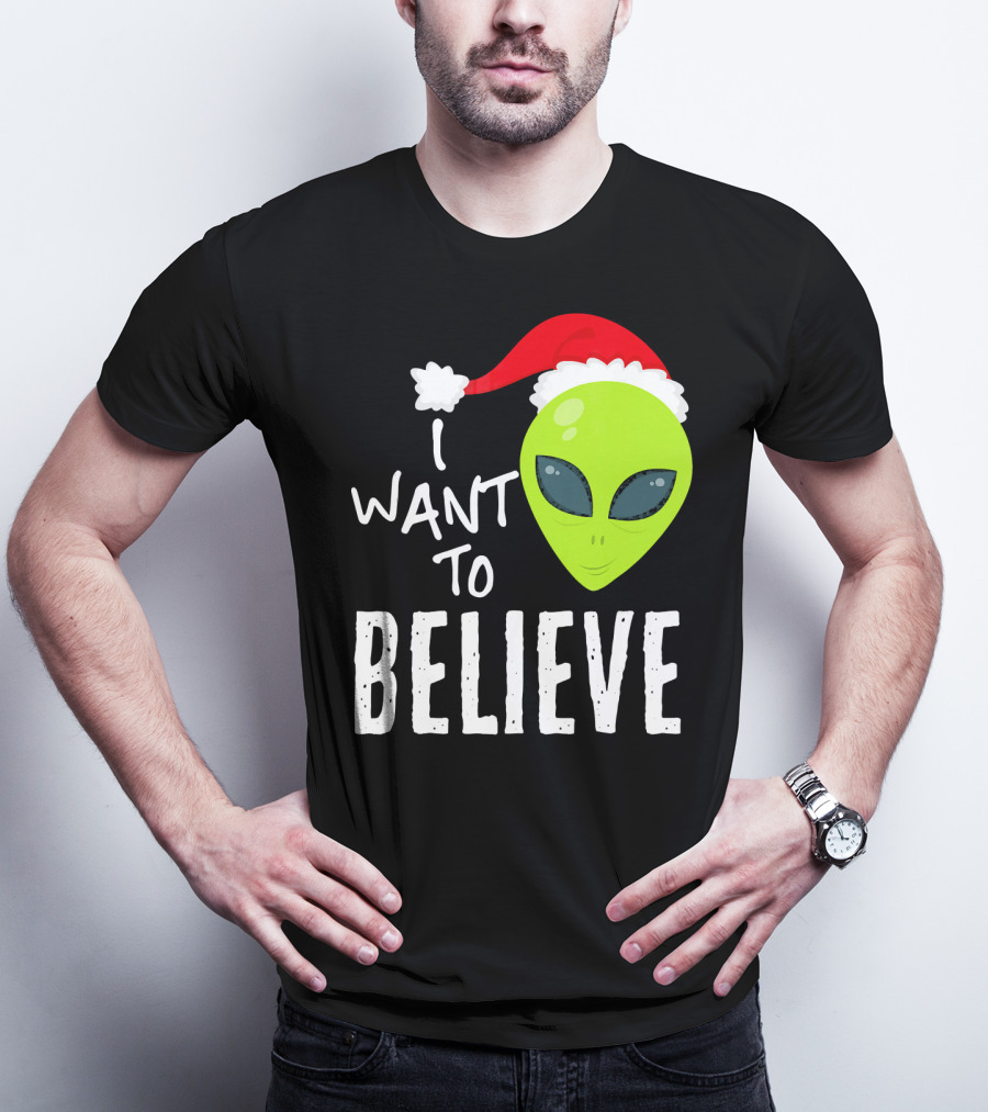 I Want To Believe Alien Santa Hat Christmas UFO T-Shirt