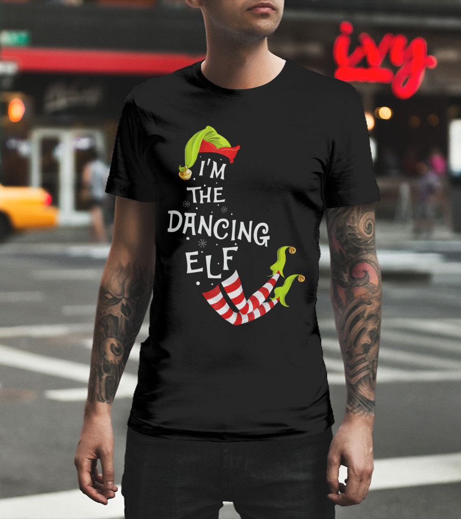 I'm The Dancing Elf Christmas Striped Stockings And Festive Hat T-Shirt