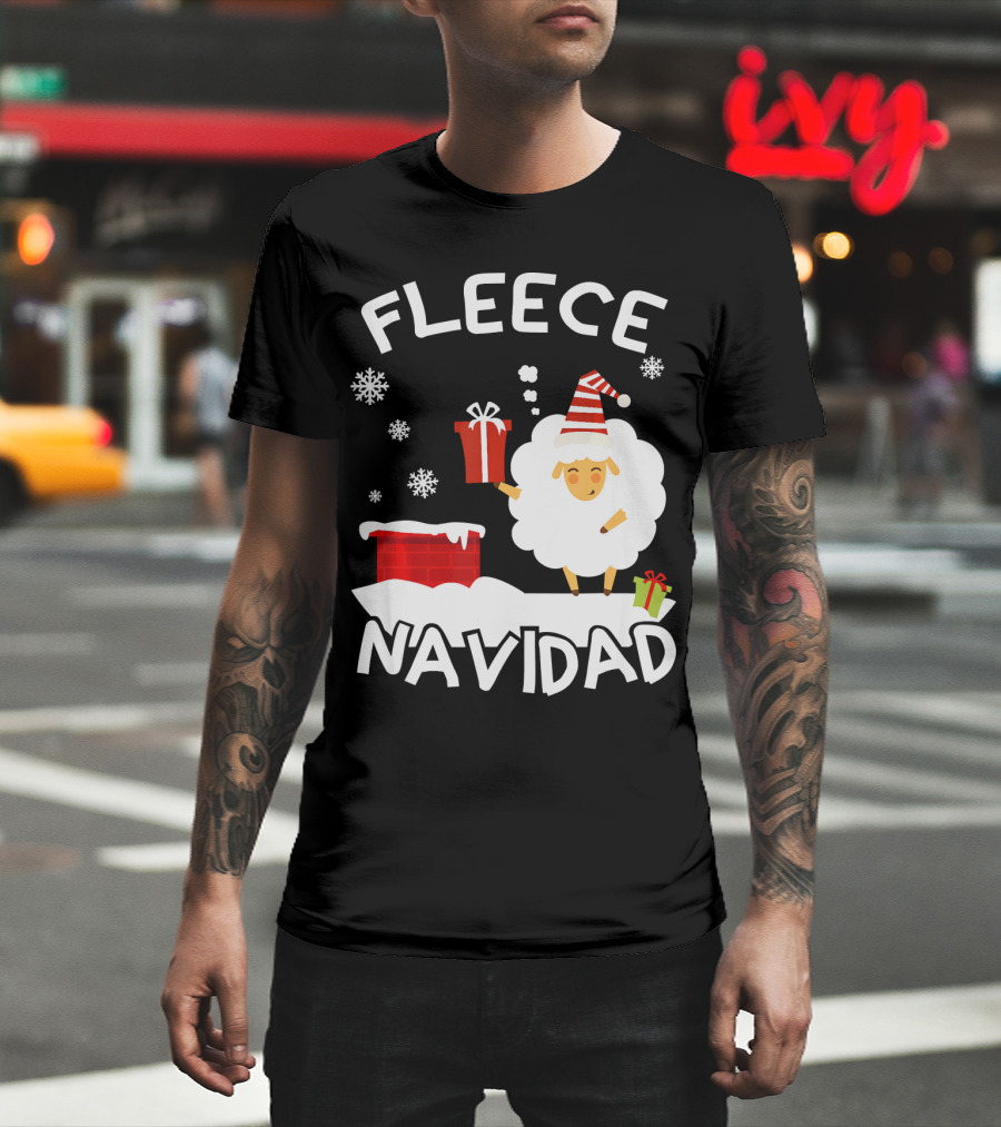 Fleece Navidad Sheep With Santa Hat And Gift Chimney Snowflakes T-Shirt