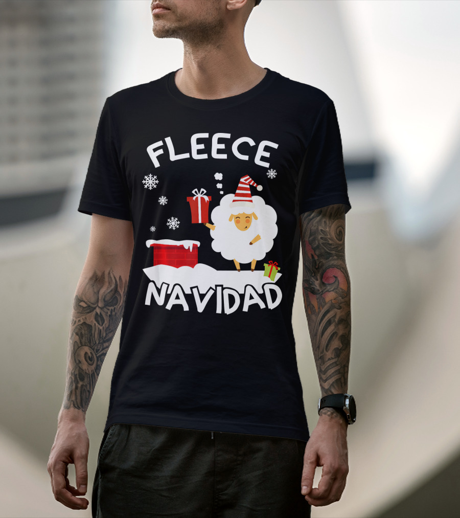 Fleece Navidad Sheep With Santa Hat And Gift Chimney Snowflakes T-Shirt