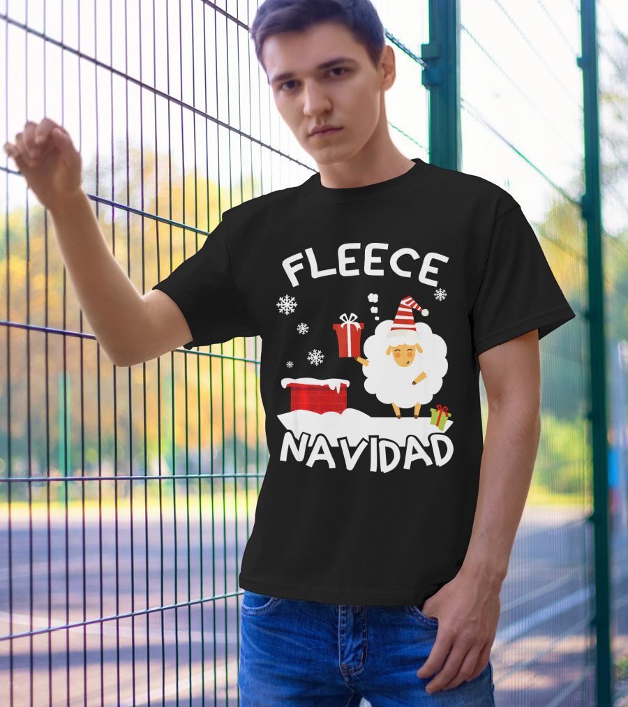Fleece Navidad Sheep With Santa Hat And Gift Chimney Snowflakes T-Shirt