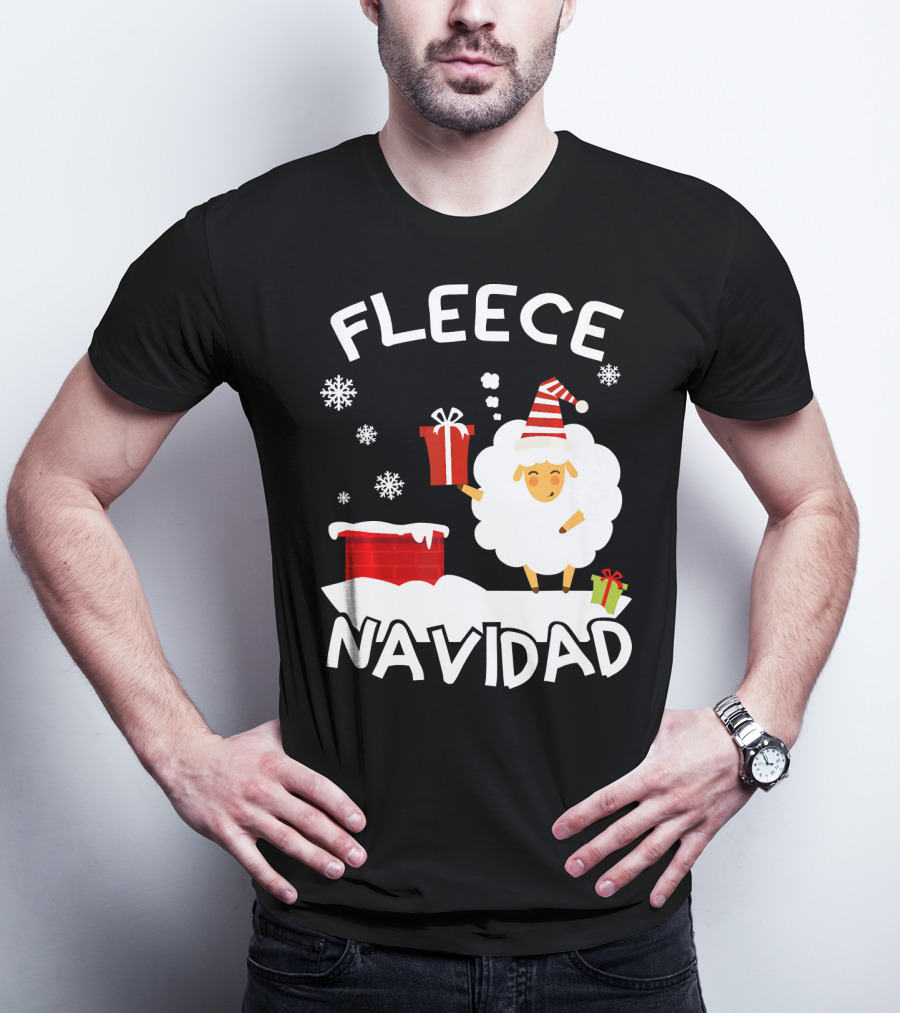 Fleece Navidad Sheep With Santa Hat And Gift Chimney Snowflakes T-Shirt
