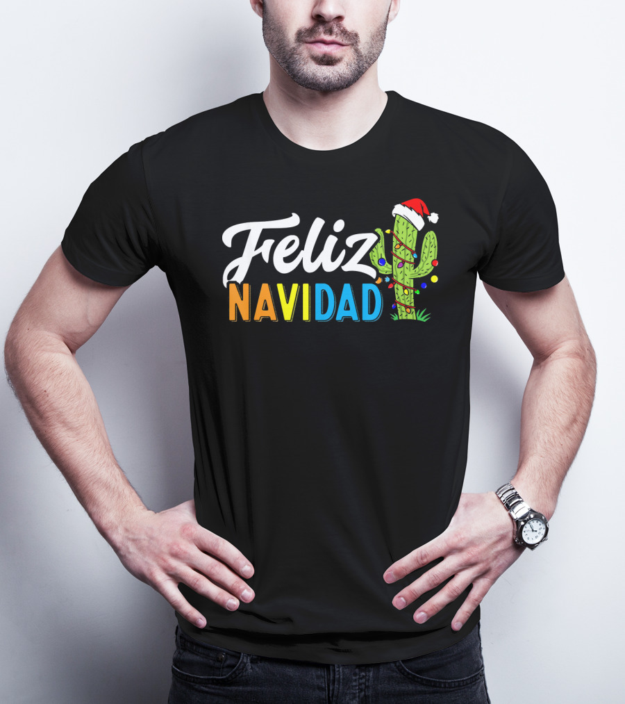 Feliz Navidad Cactus Santa Hat Christmas Lights T-Shirt