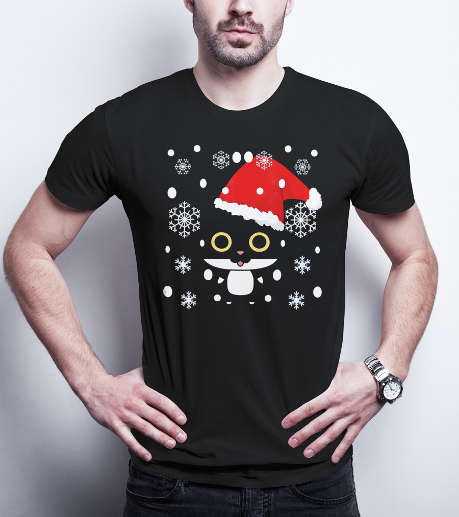 Cute Kawaii Cat With Santa Hat And Snowflakes Christmas T-Shirt