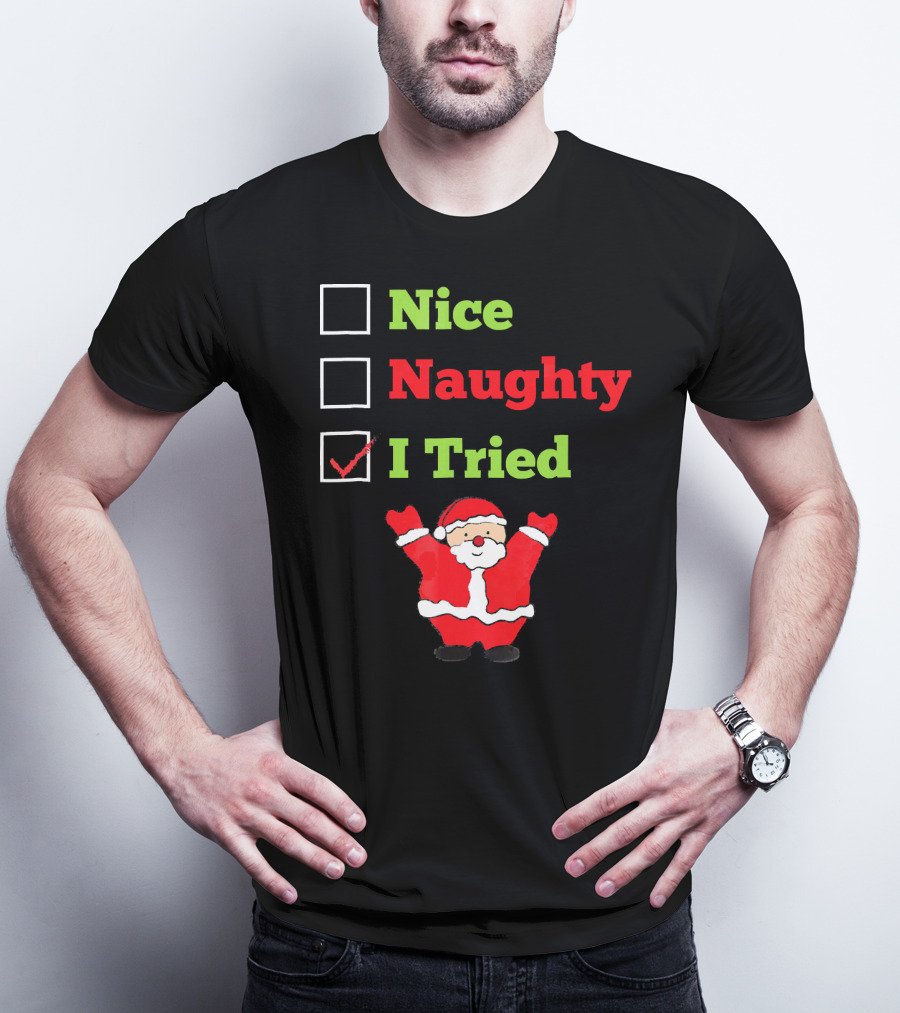 Nice Naughty I Tried Santa Checklist Funny Christmas T-Shirt