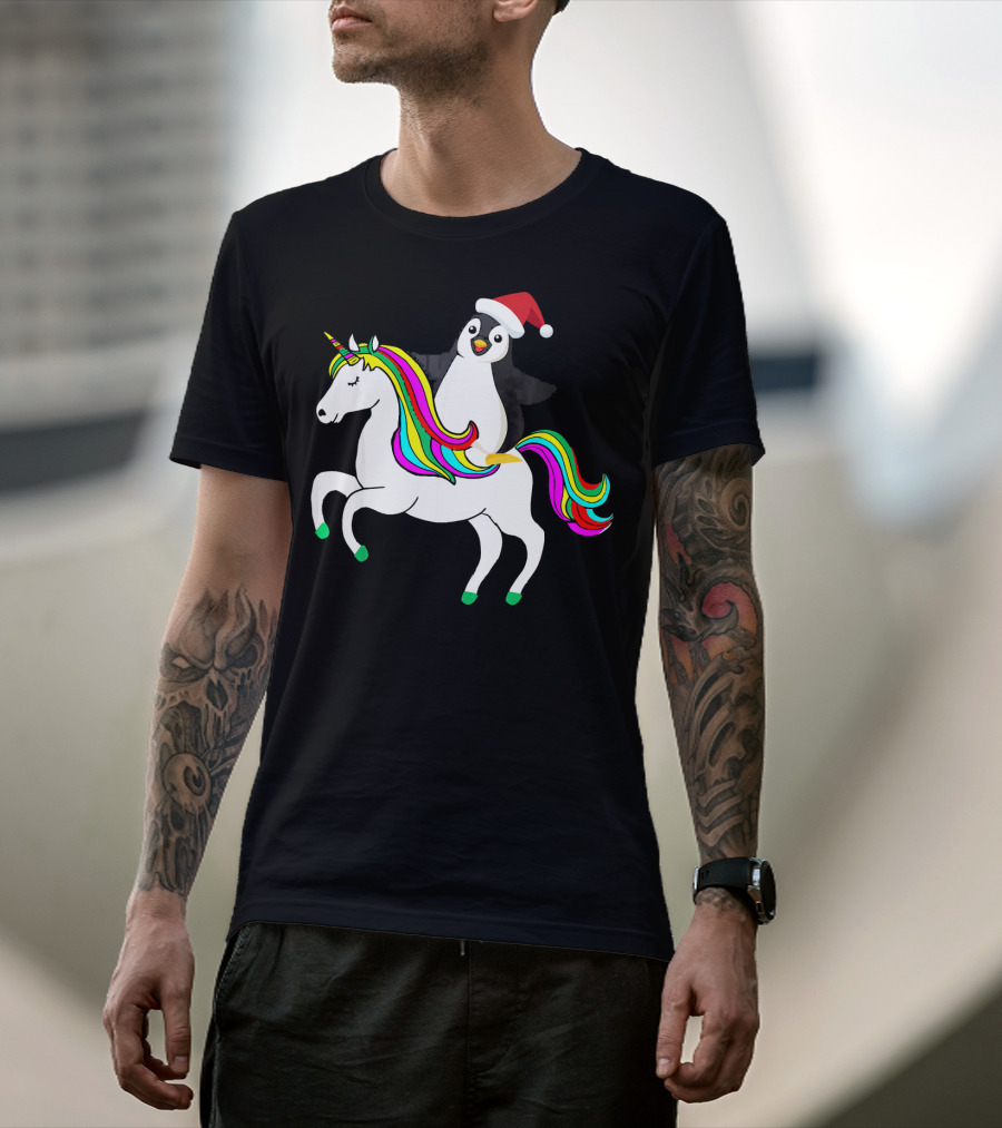 Penguin In Santa Hat Riding A Rainbow Unicorn T-Shirt