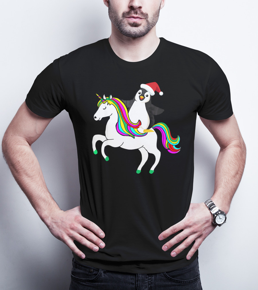 Penguin In Santa Hat Riding A Rainbow Unicorn T-Shirt