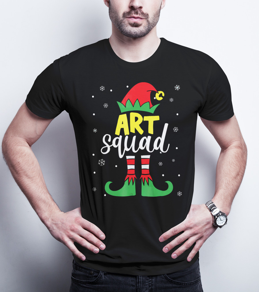 Art Squad Elf Christmas Teacher Snowflakes T-Shirt