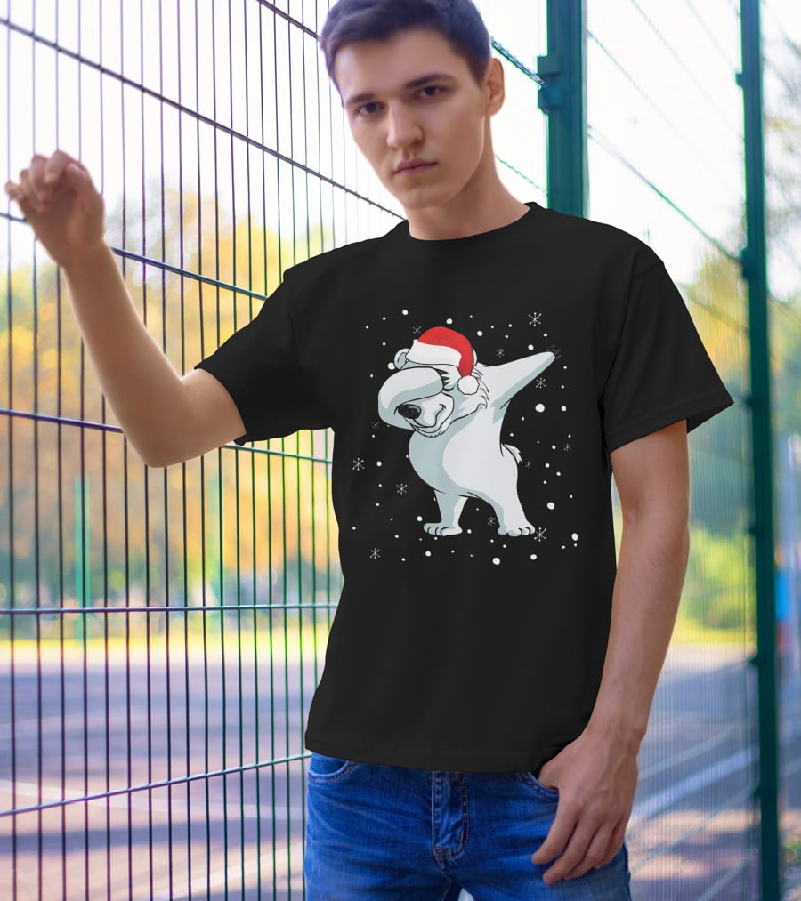 Santa Hat Dabbing Polar Bear Snowflakes T-Shirt