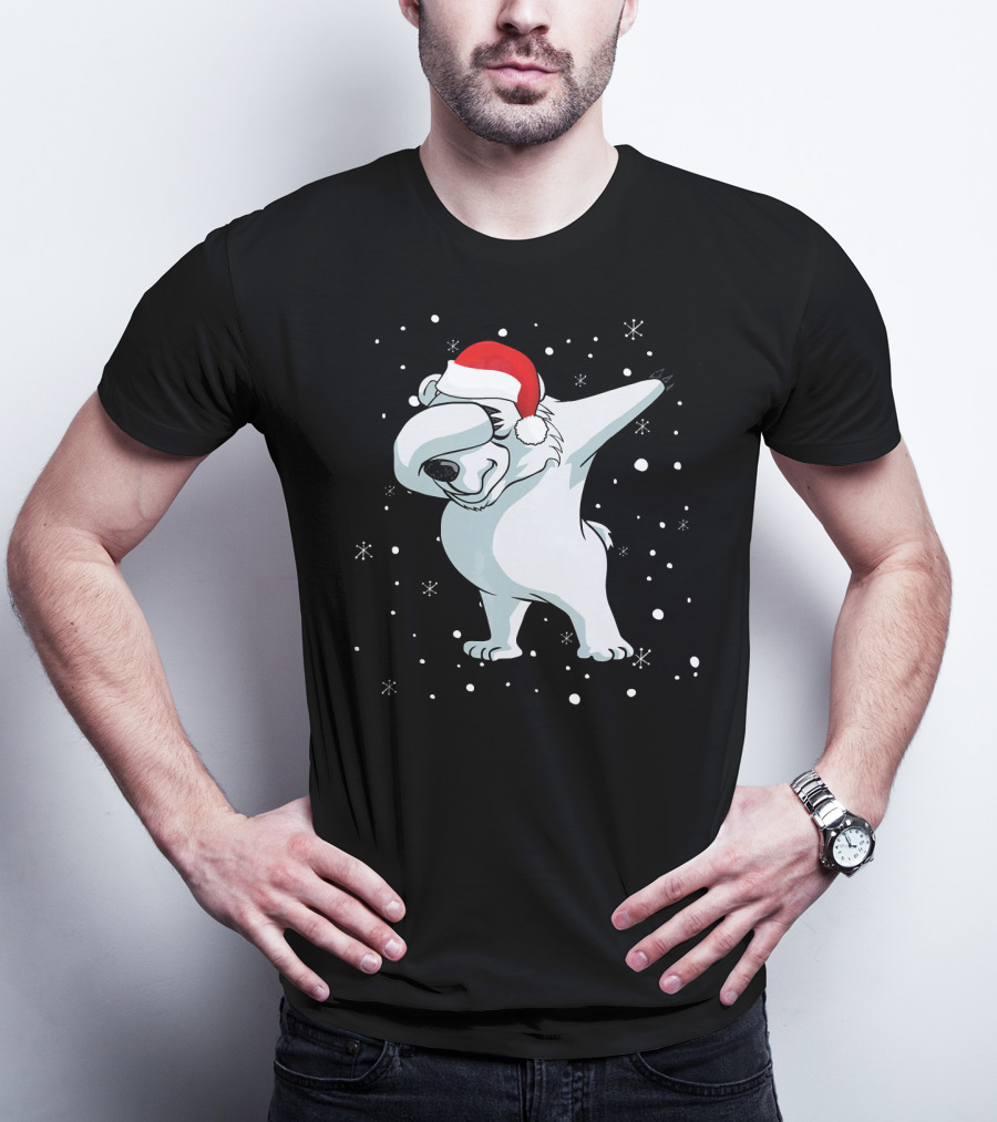 Santa Hat Dabbing Polar Bear Snowflakes T-Shirt