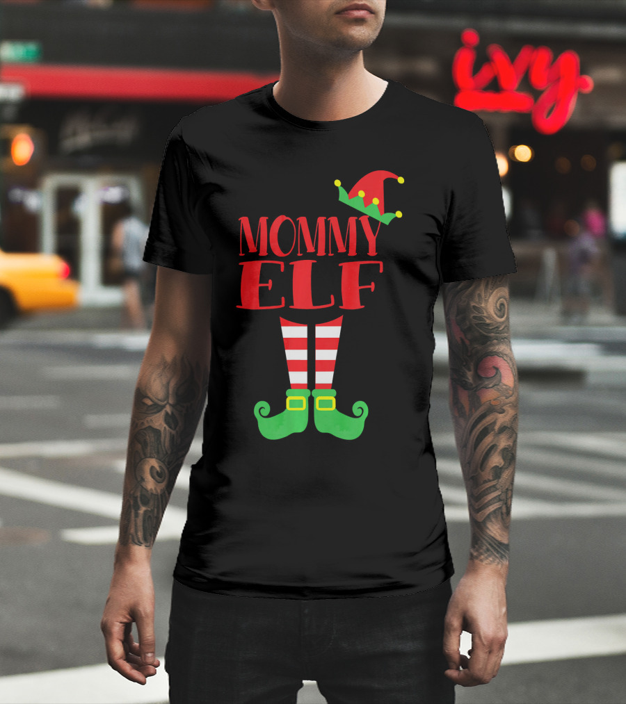 Mommy ELF Christmas Hat And Striped Socks Festive Season T-Shirt