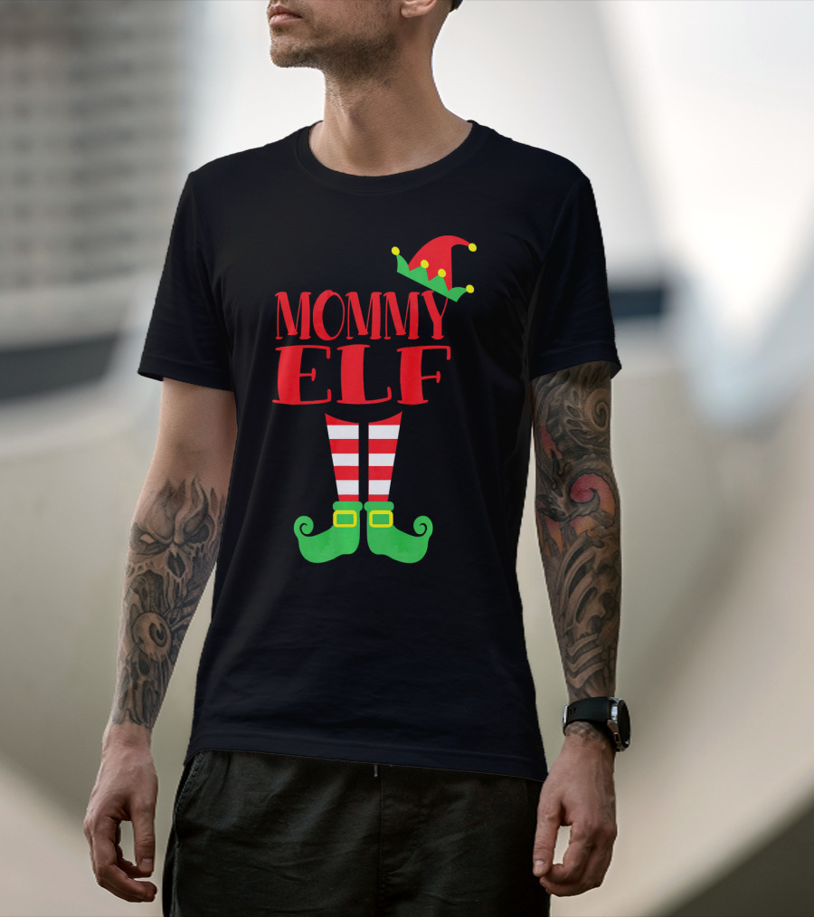 Mommy ELF Christmas Hat And Striped Socks Festive Season T-Shirt