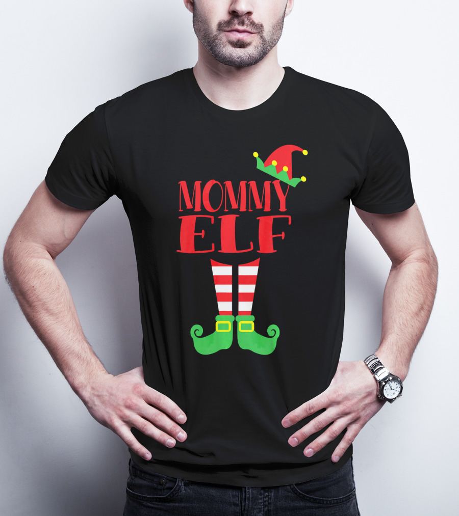 Mommy ELF Christmas Hat And Striped Socks Festive Season T-Shirt