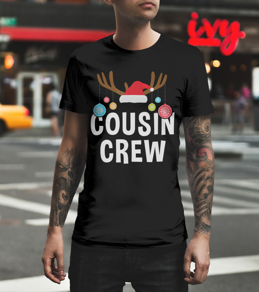 Cousin Crew Christmas PJs Reindeer Antlers Santa Hat Ornaments T-Shirt