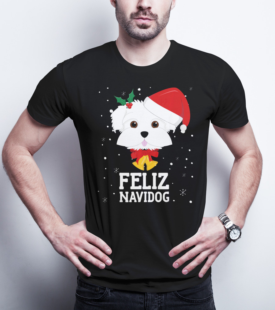 Feliz Navidog Christmas Dog In Santa Hat Maltese T-Shirt