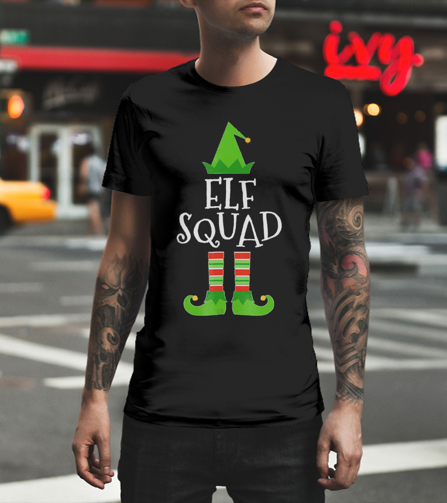 Elf Squad Festive Hat And Striped Shoe Family Group T-Shirt