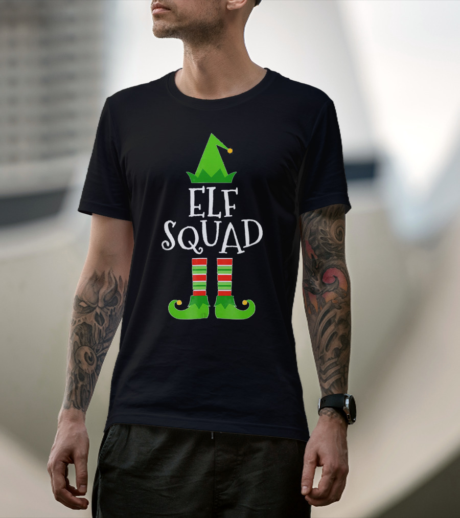 Elf Squad Festive Hat And Striped Shoe Family Group T-Shirt