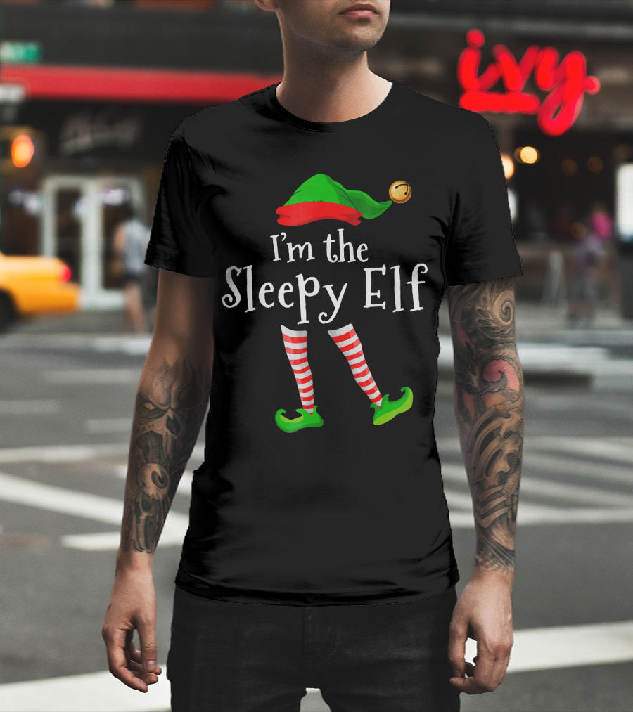I'm The Sleepy Elf Green Hat Striped Stockings Jingle Bell T-Shirt