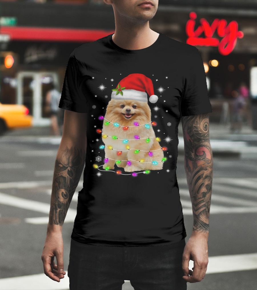 Pomeranian Pup Wrapped In Christmas Lights With Santa Hat And Festive Glow T-Shirt