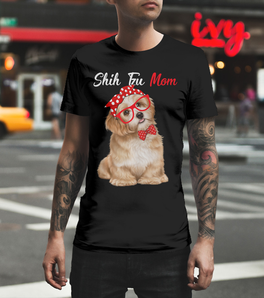 Shih Tzu Mom Red Glasses And Polka Dot Bow Accessories T-Shirt